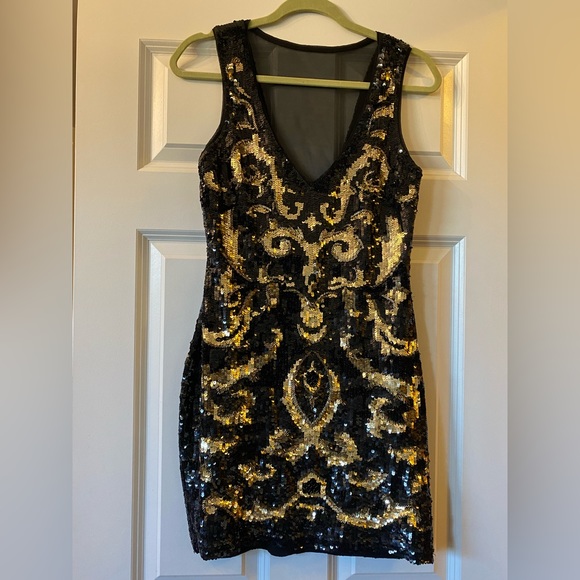 bebe | Dresses | Bebe Black Mini Sequenced Dress With Gold Design In Sz ...